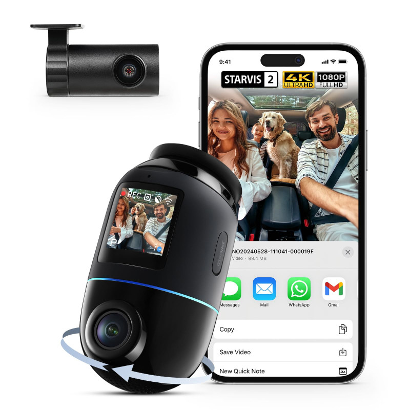 70mai Dashcam Voiture Avant Arriere 4K Omni, 4K+1080P Dash Cam Rotation ...